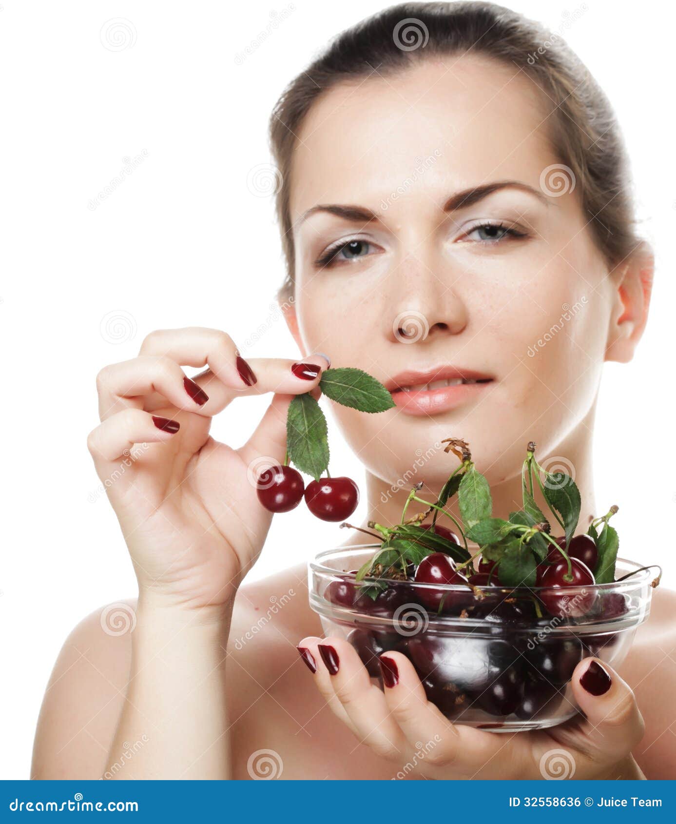 Woman with Cherries Over White Stock Photo - Image of living, bright ...