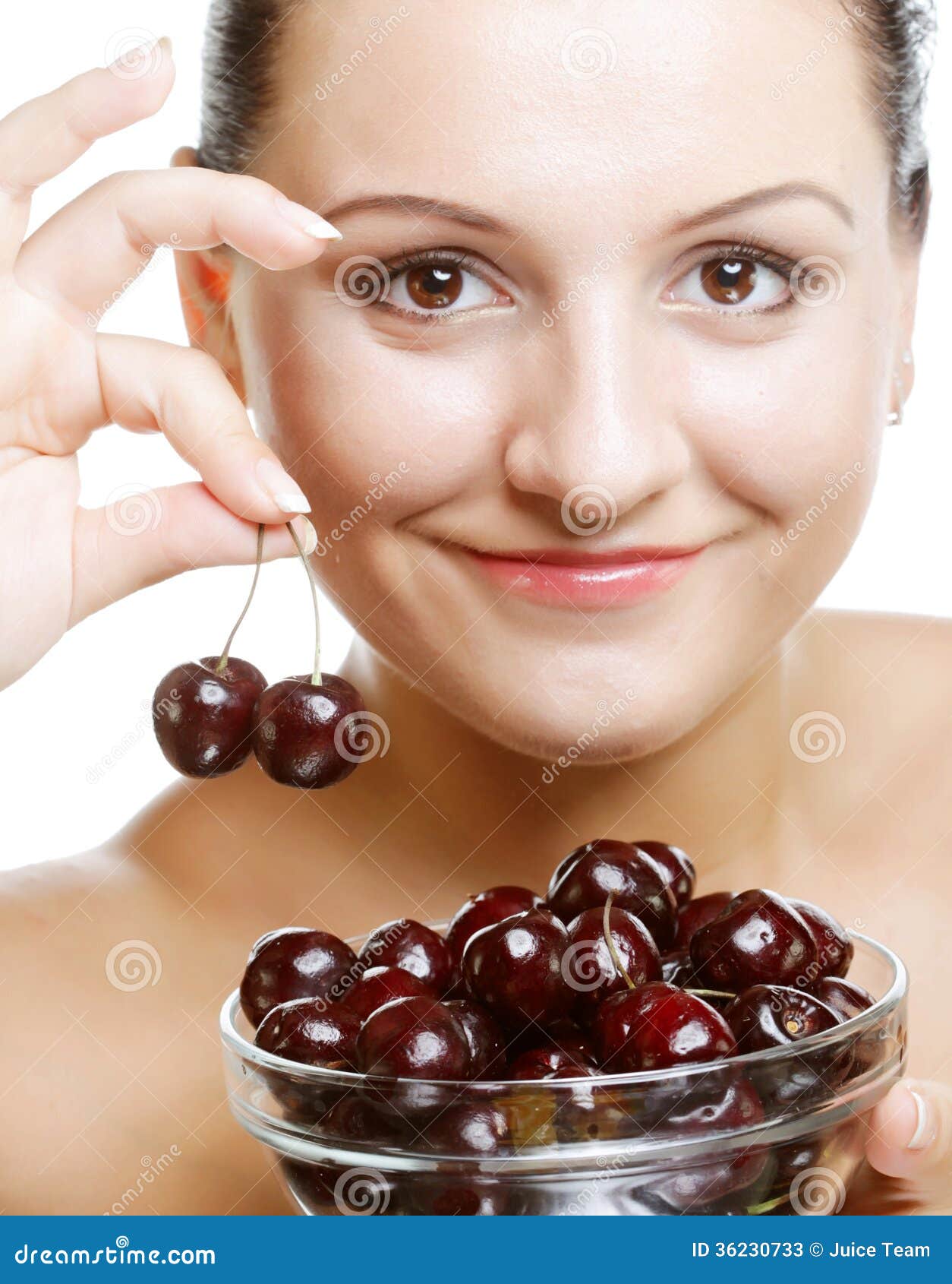 Woman with Cherries Over White Stock Image - Image of holding, human ...