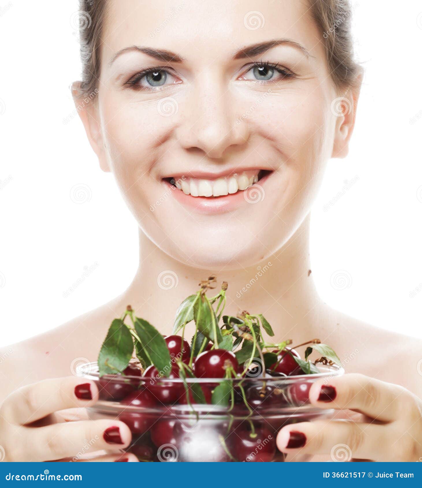 Woman with Cherries Over White Stock Image - Image of human, alone ...