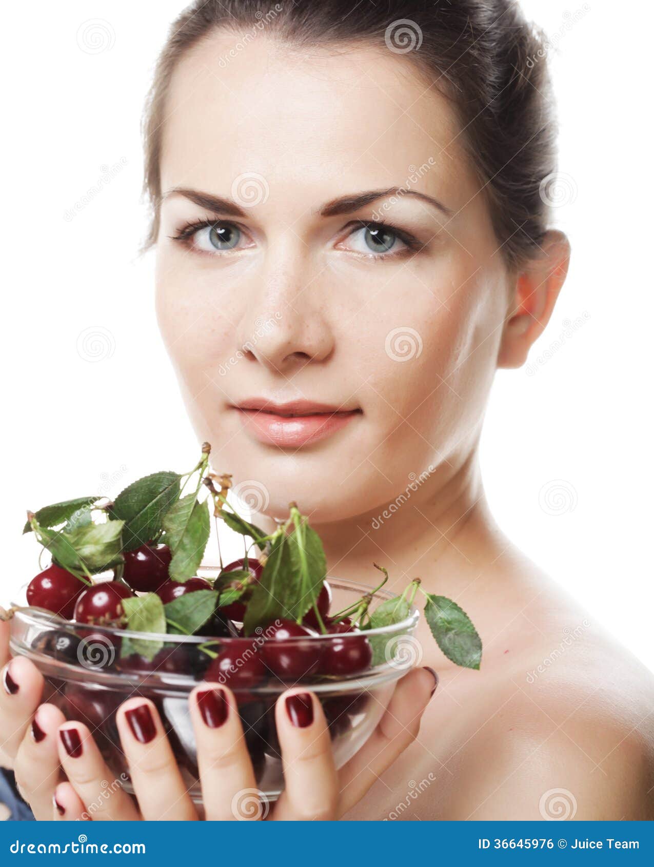 Woman with Cherries Over White Stock Photo - Image of hale, alone: 36645976