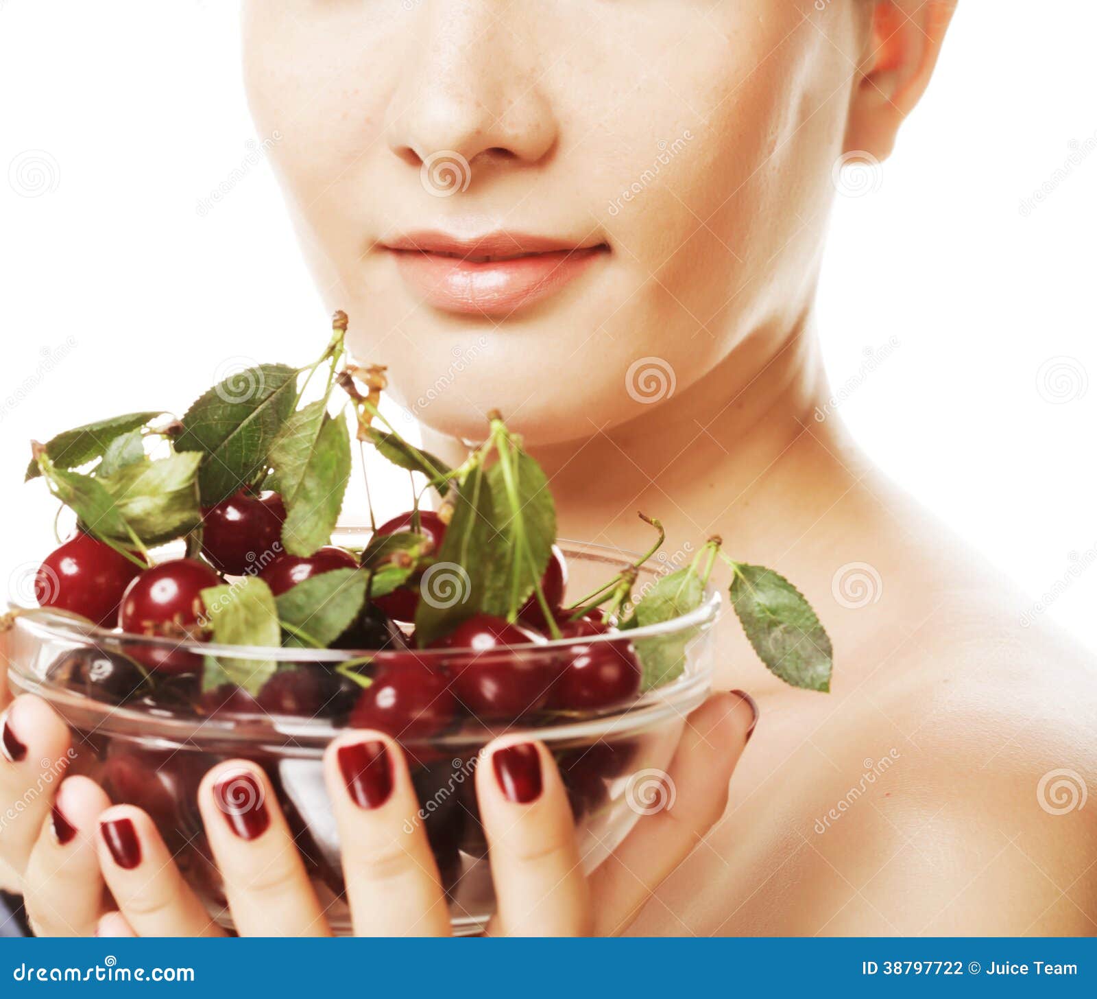Woman with Cherries Over White Stock Photo - Image of lady, hungry ...