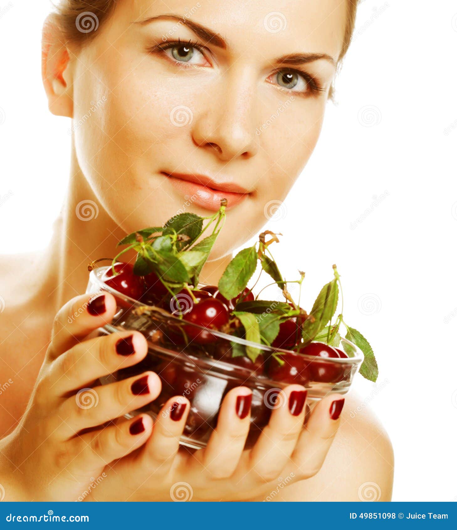 Woman with Cherries Over White Stock Photo - Image of happy, cute: 49851098