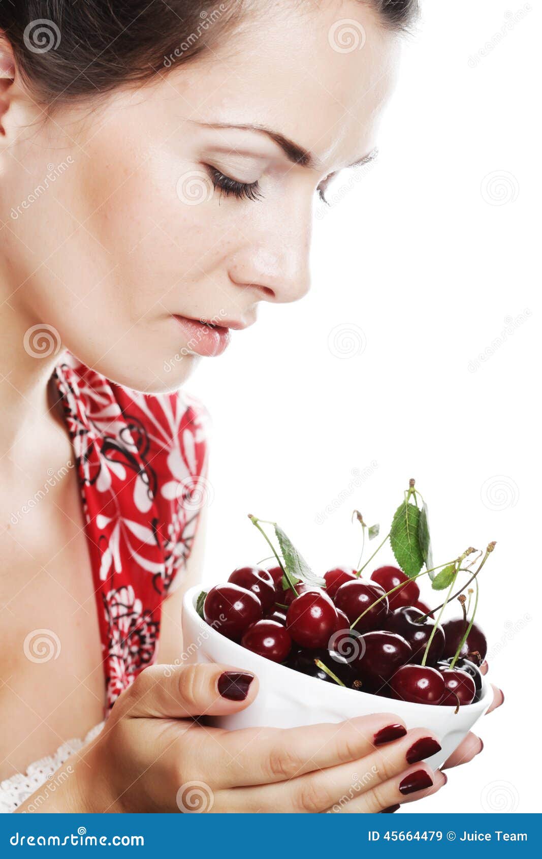 Woman with Cherries Over White Stock Image - Image of healthy, hungry ...