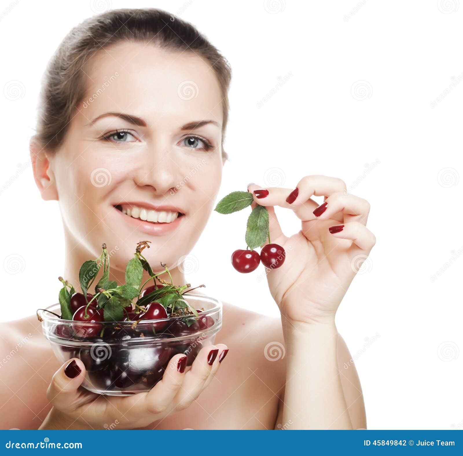Woman with Cherries Over White Stock Photo - Image of cherry, health ...