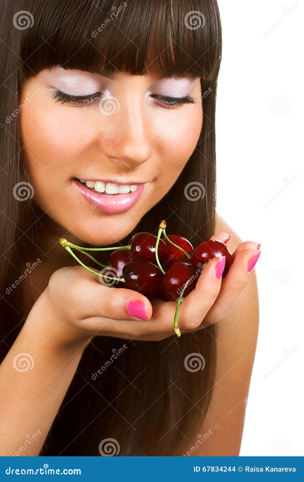 Woman with Cherries on White Stock Photo - Image of juicy, happiness ...