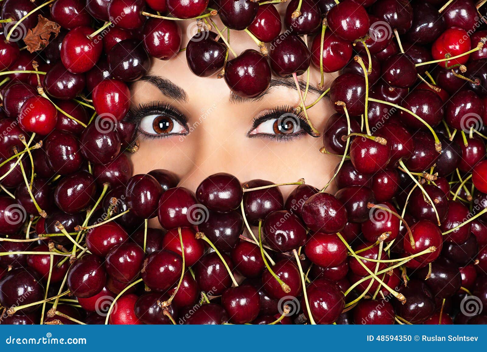 Woman in cherry stock photo. Image of closeup, cherries - 48594350