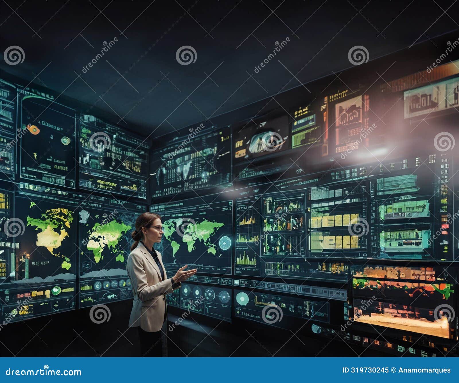 Woman Chief Engineer Looking at Interactive Map on a Giant Screen. Data ...