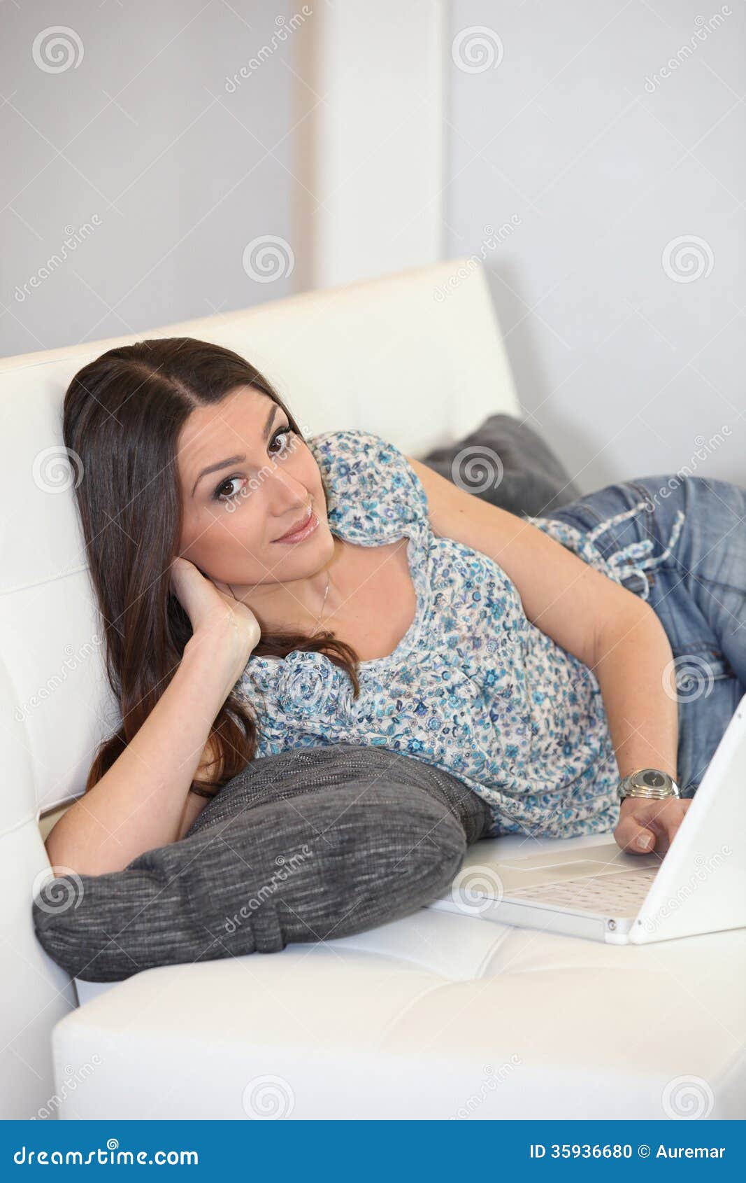 Woman chilling out at home stock photo. Image of email - 35936680