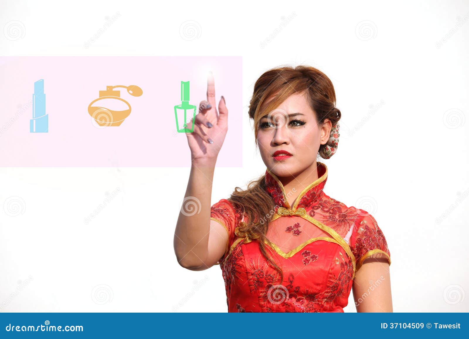 Woman in Chinese Dress Selects Cosmetic on Touch Screen Stock Image ...