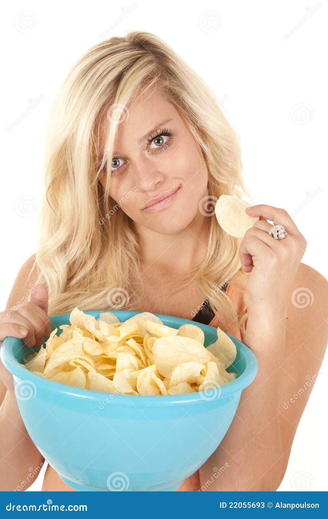 Woman with chips smiling stock image. Image of expression - 22055693