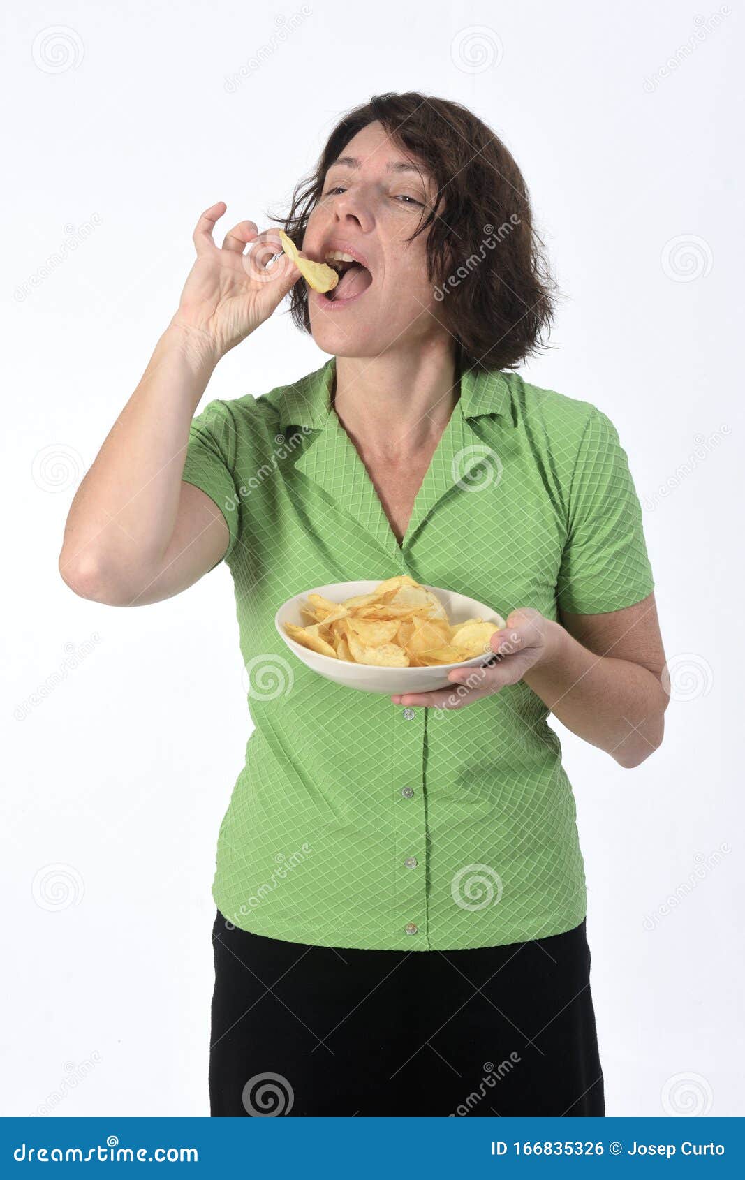 Woman with Chips on White Background Stock Photo - Image of dieting ...
