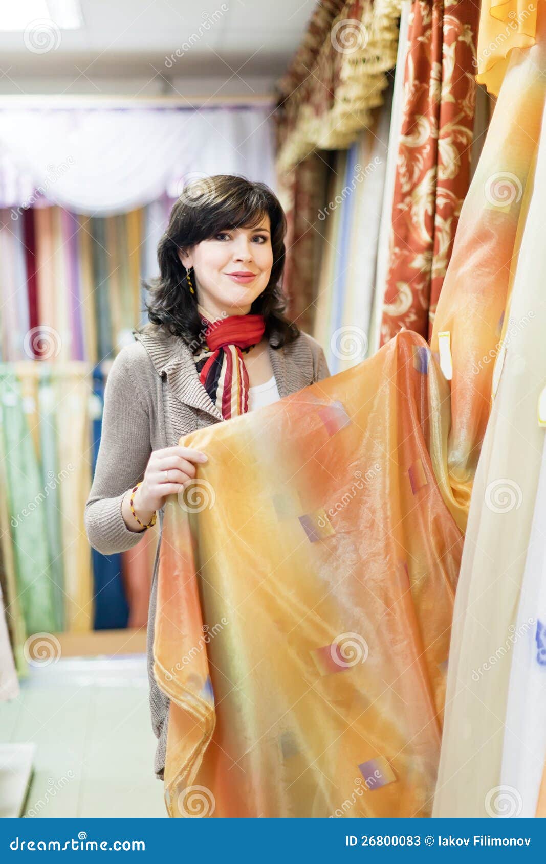 Woman chooses draperies stock image. Image of lady, consumerism - 26800083