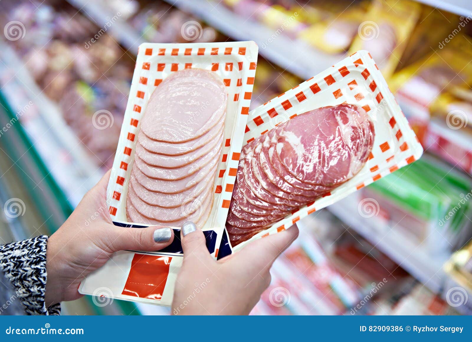 Woman Chooses Ham in Grocery Store Stock Photo - Image of human, meat ...