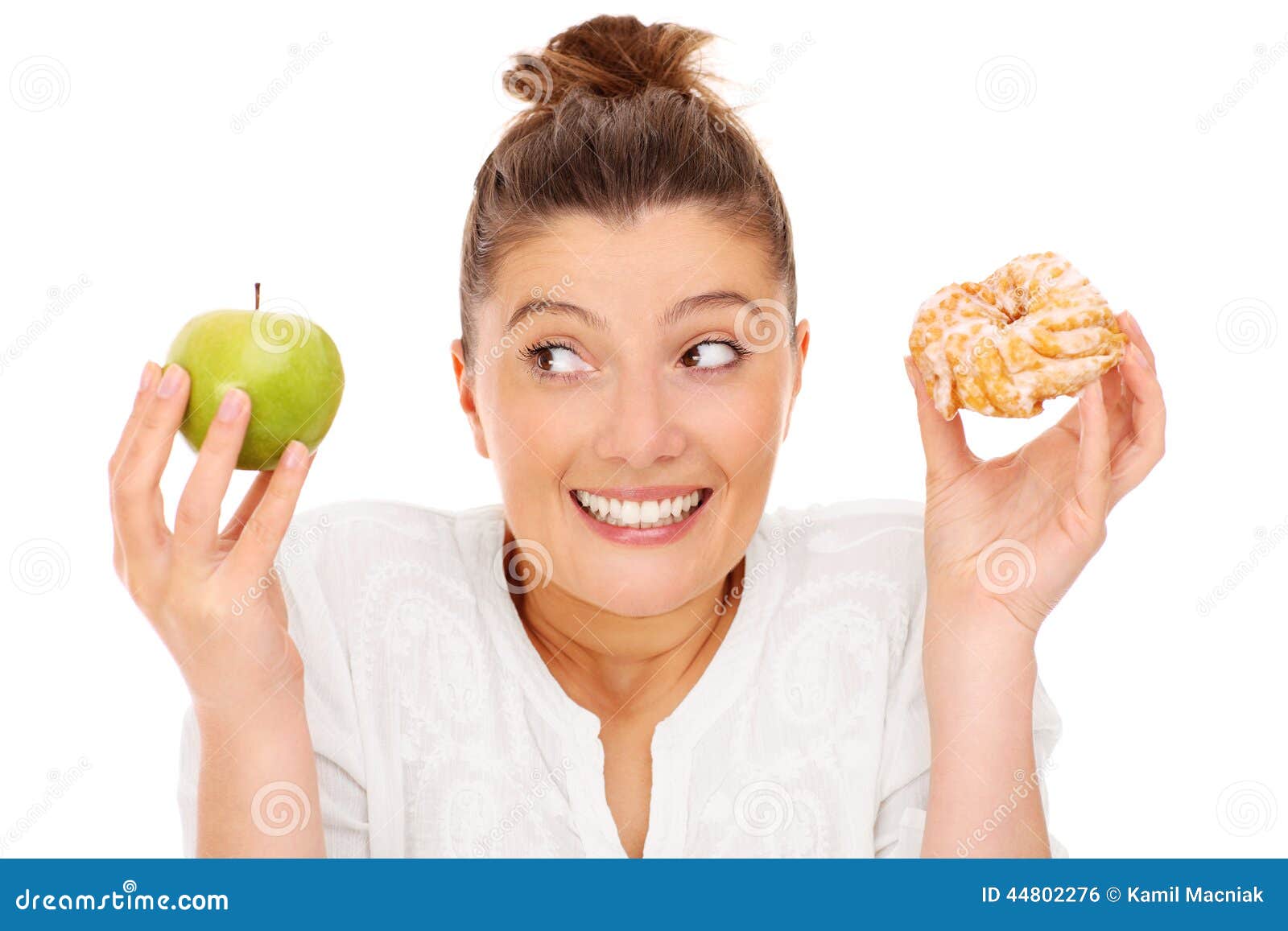 Woman Choosing between Apple and Donut Stock Photo - Image of apple ...