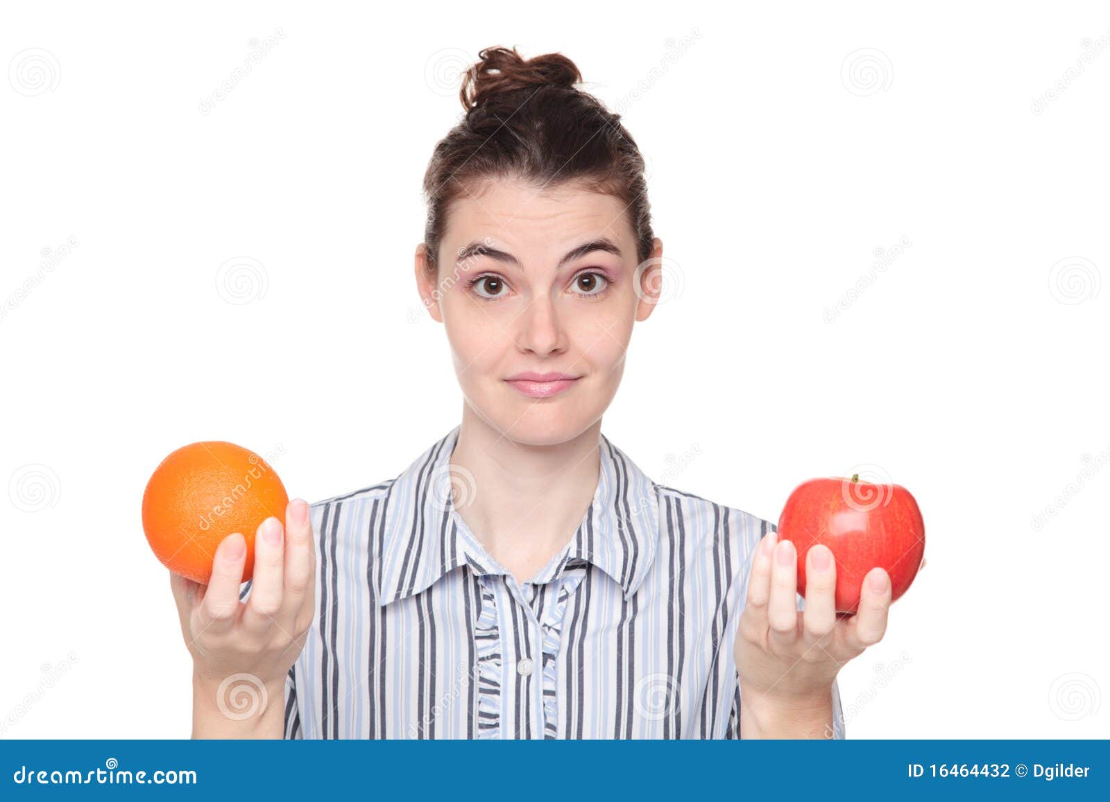 Woman Choosing between Apple and Orange Stock Photo - Image of studio ...
