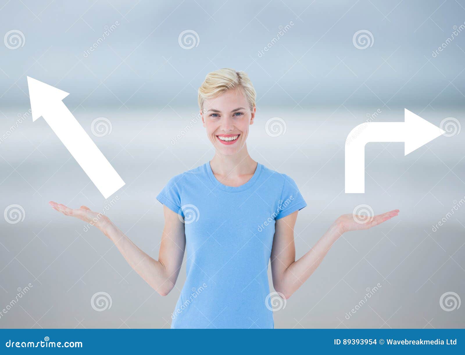 Woman Choosing or Deciding Left or Right Arrows with Open Palm Hands ...