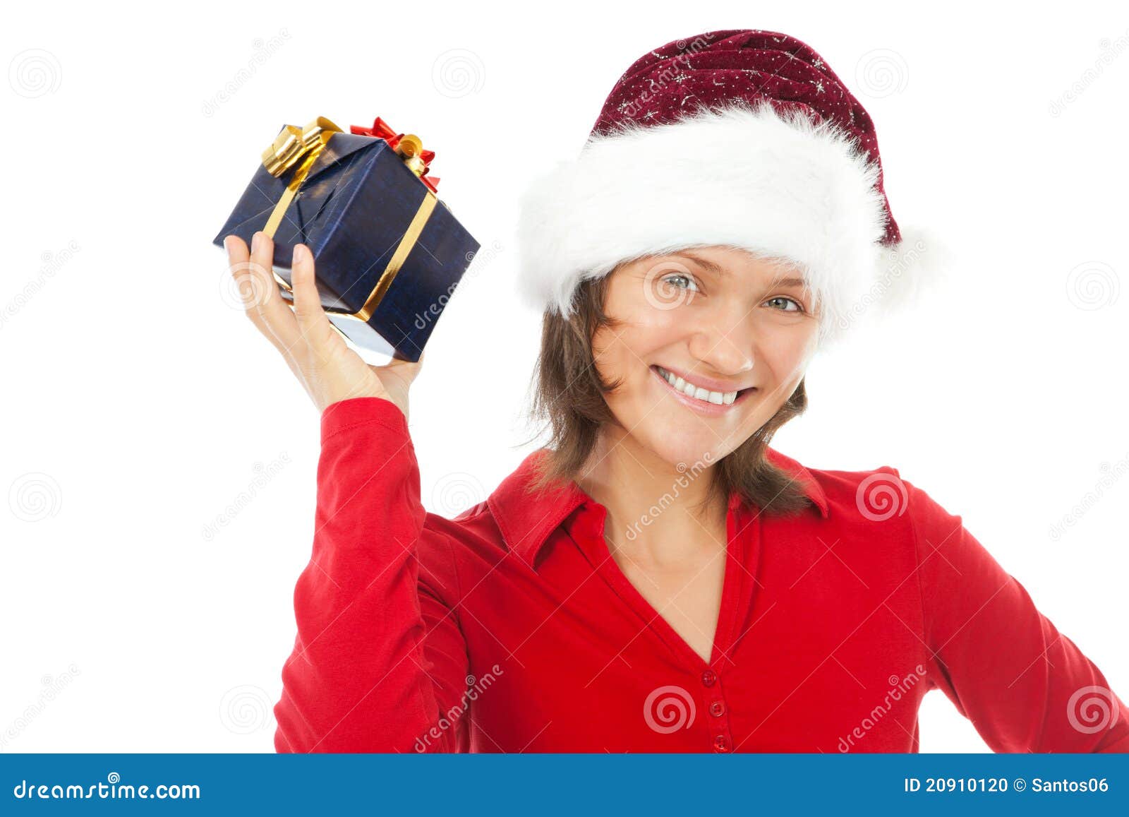 Woman with Christmas Hat Holding a Present Stock Photo - Image of shot ...