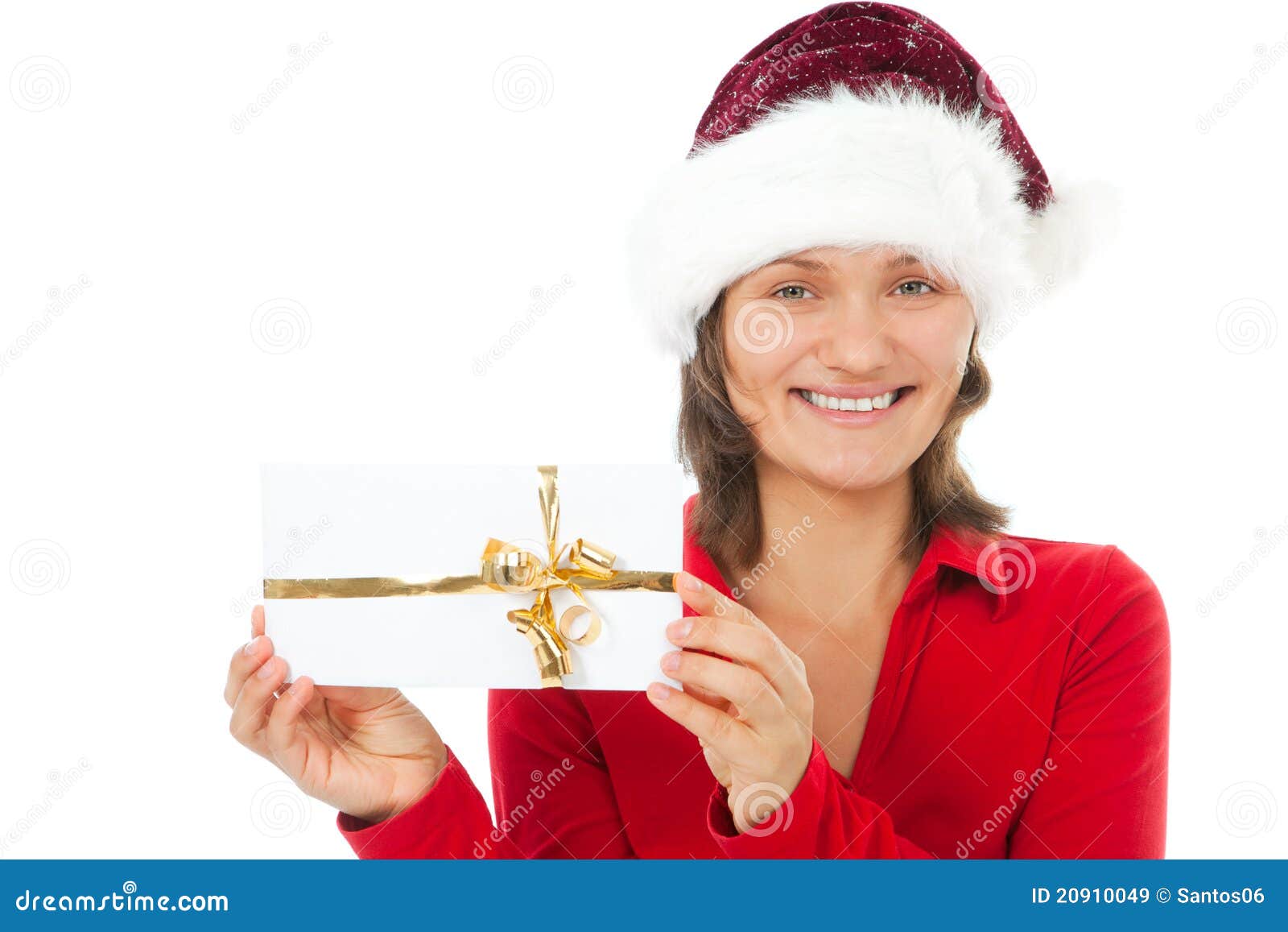 Woman with Christmas Hat Holding Present on White Stock Image - Image ...