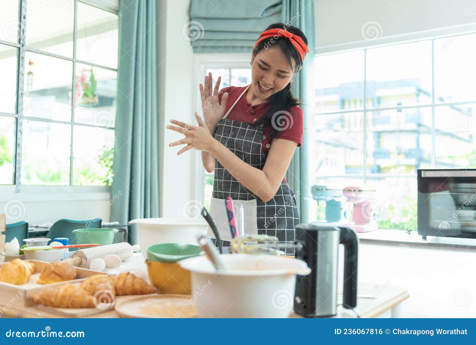 Woman Clap Hands of Baker with Flour in Restaurant Kitchen Stock Photo ...