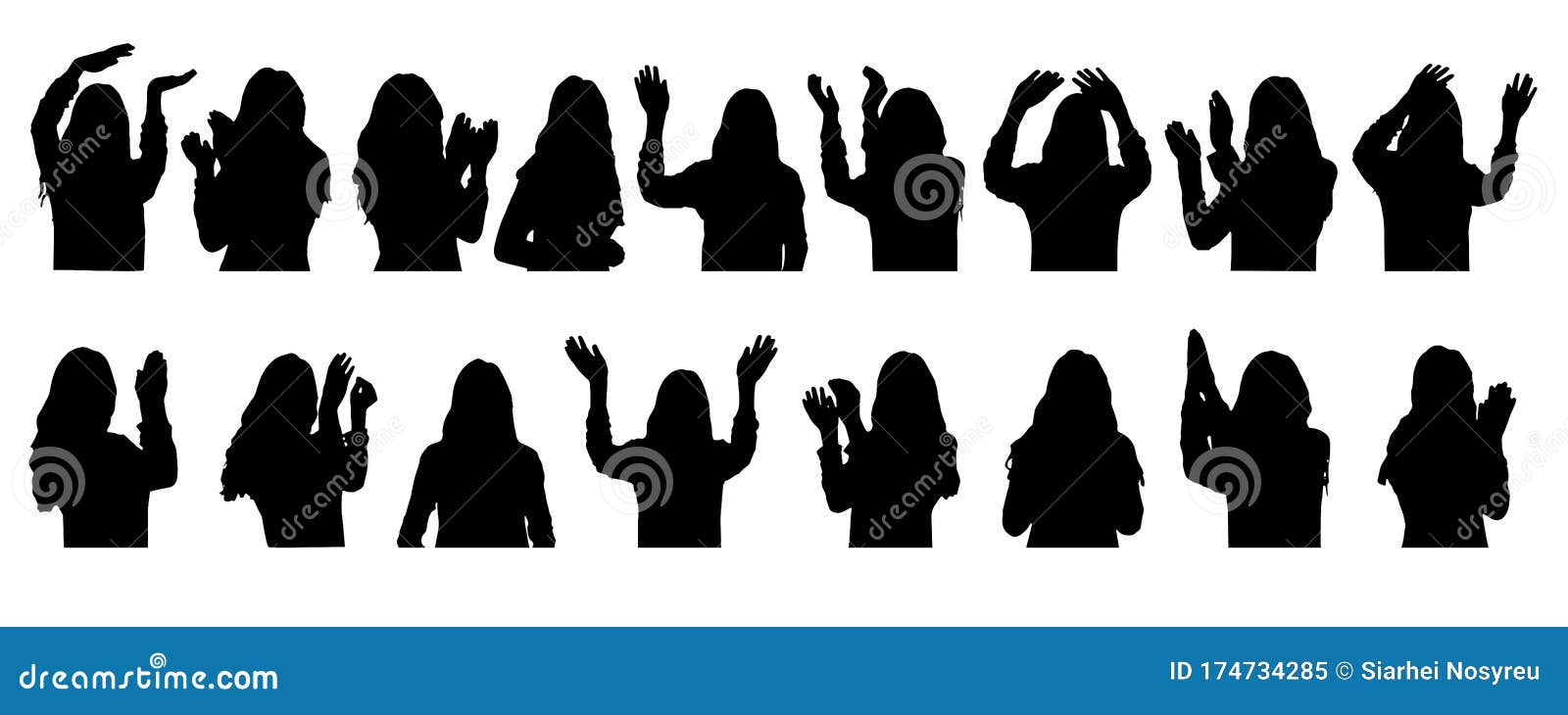 Woman Claps Palms, Waves Hands and Greets, Set of Silhouettes. Vector ...
