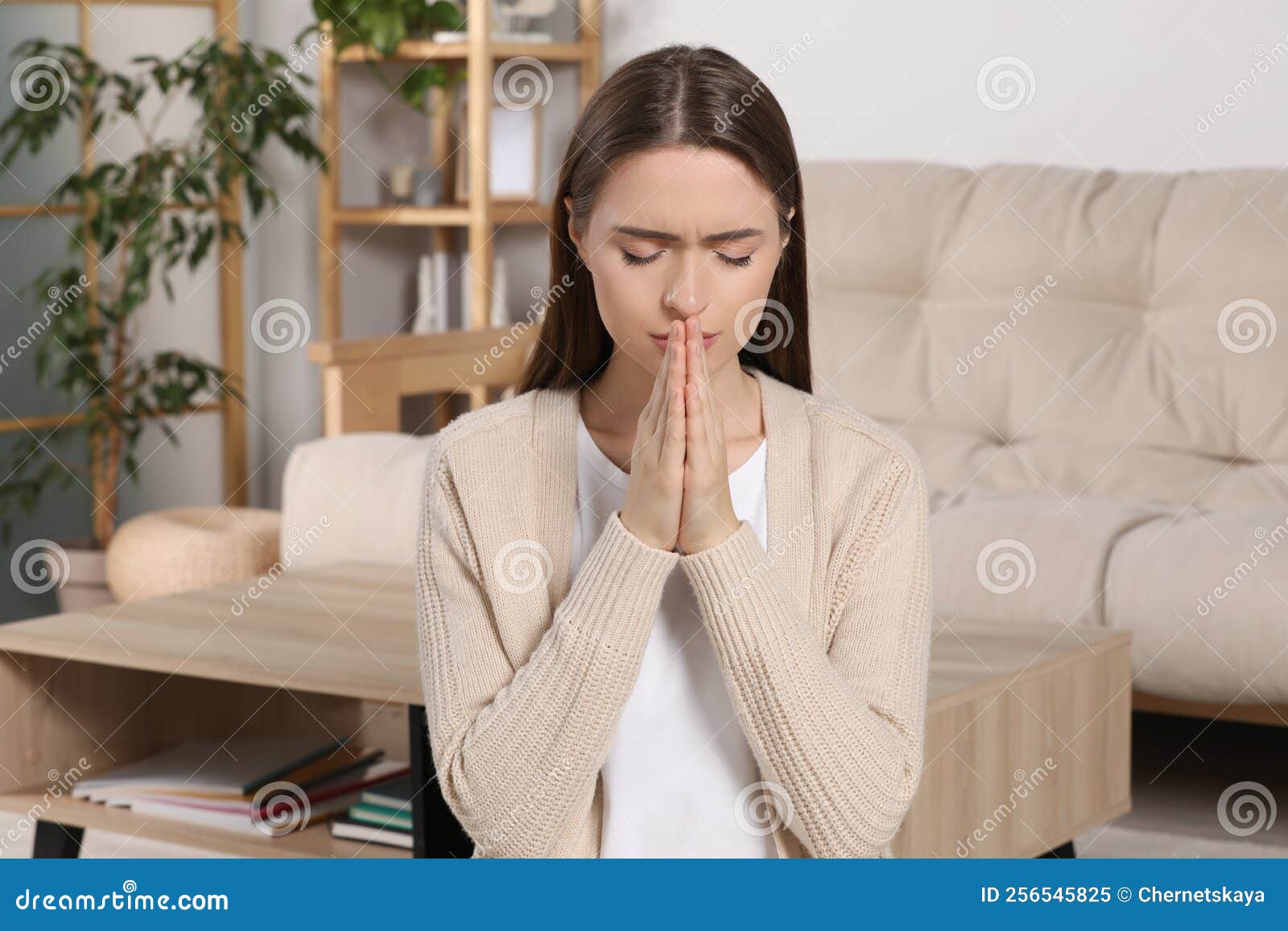Woman with Clasped Hands Praying at Home Stock Image - Image of beauty ...