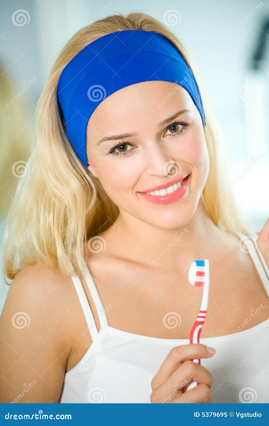 Woman Clean Teeth in Bathroom Stock Image - Image of routines, joyful ...