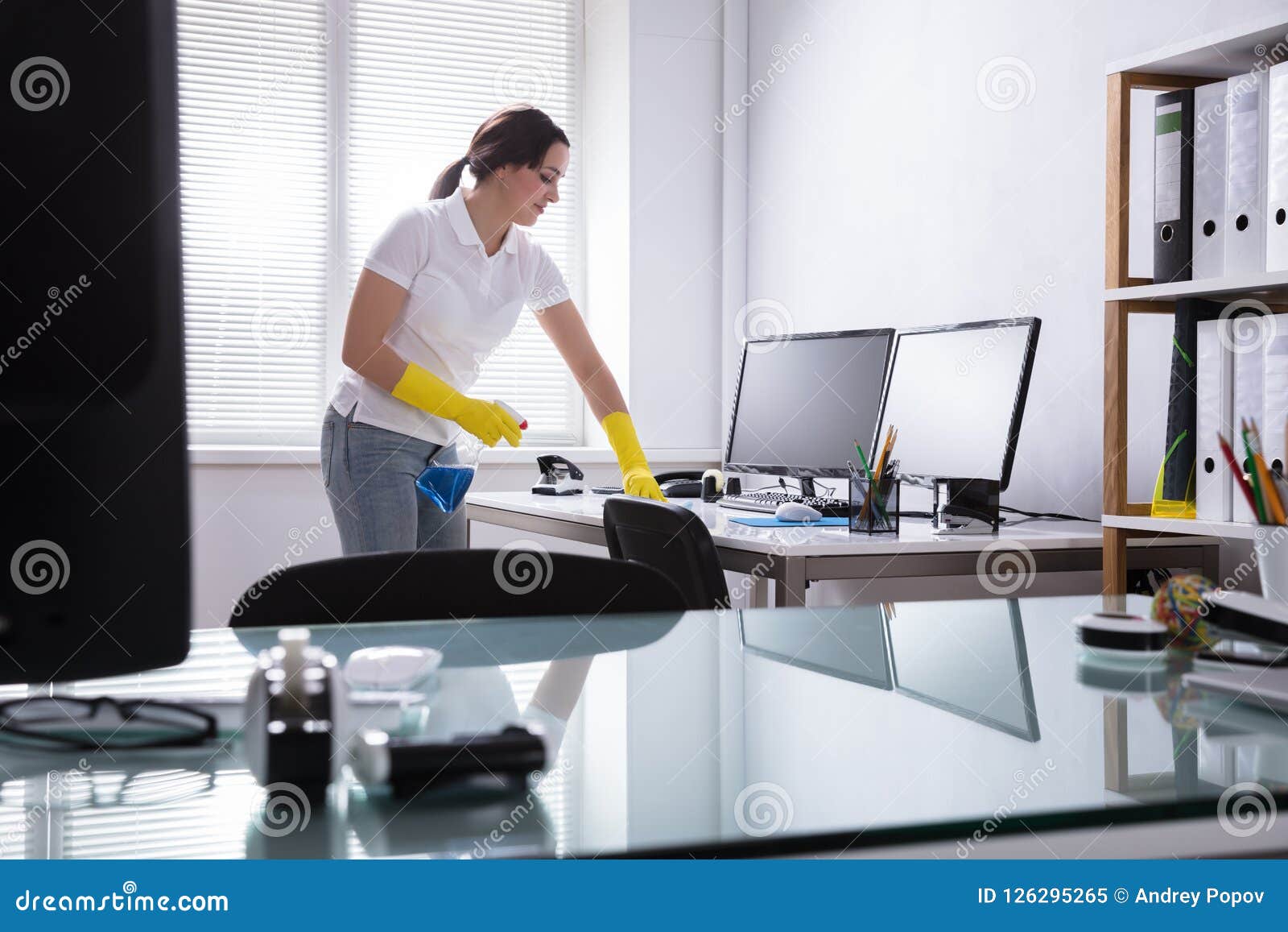 Woman Cleaning Computer in Office Stock Image - Image of janitor ...