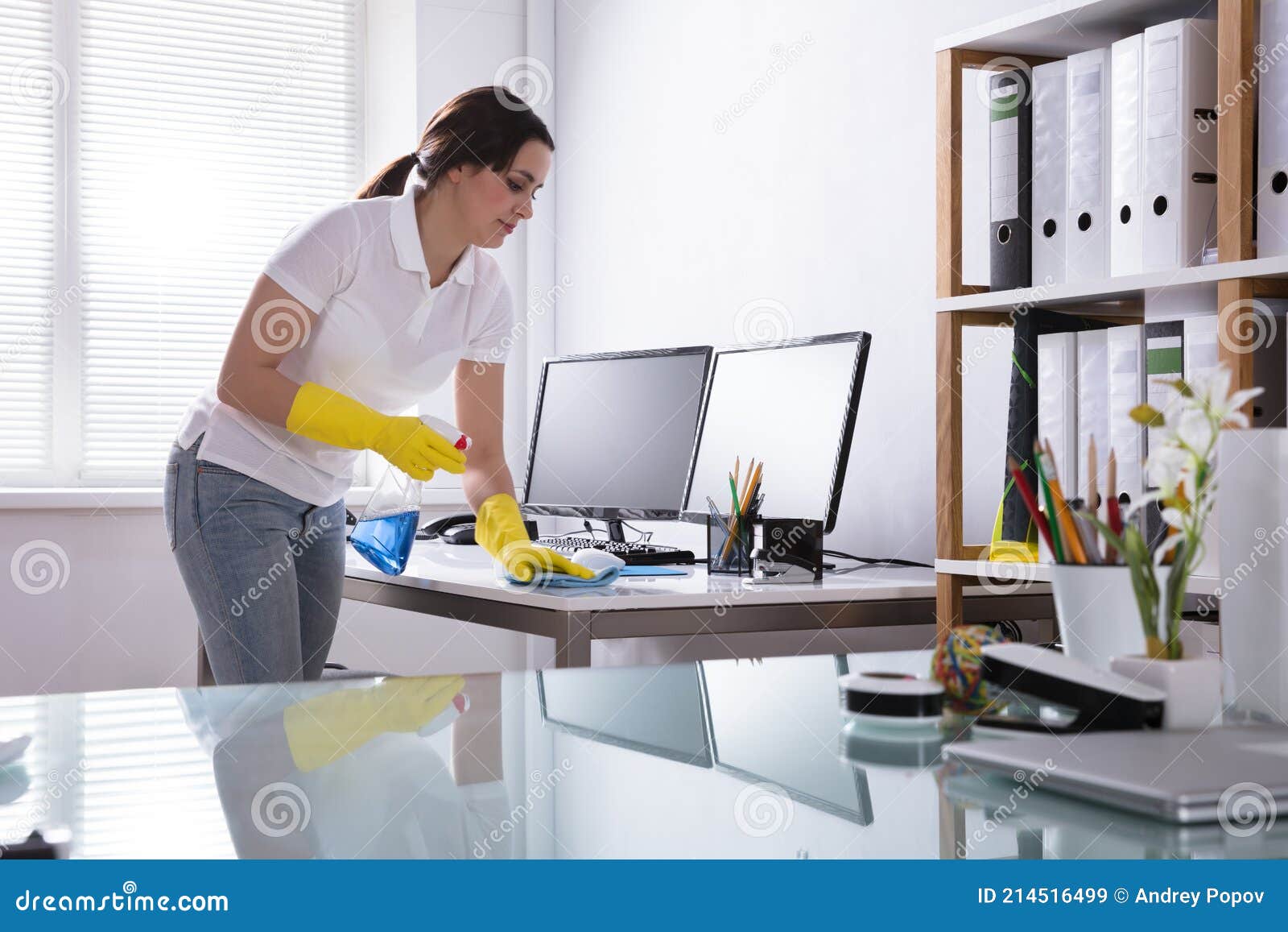 Woman Cleaning Computer in Office Stock Image - Image of professional ...