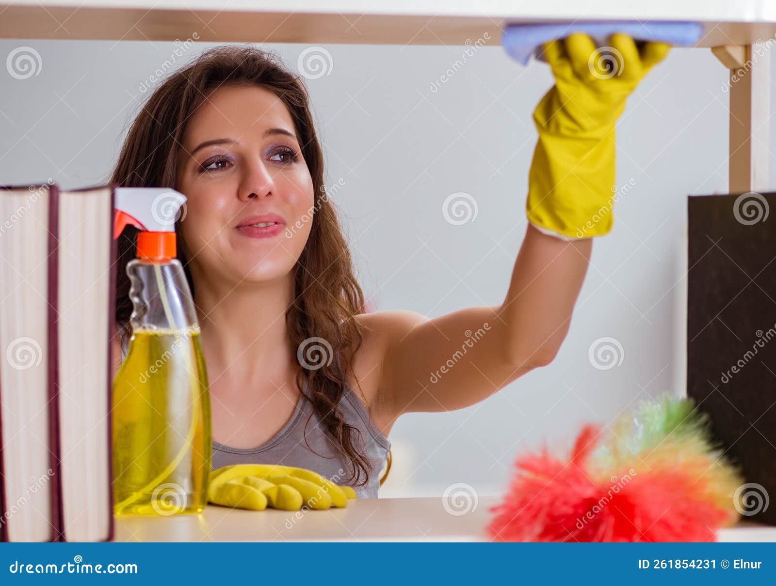 Woman Cleaning Dust from Bookshelf Stock Image - Image of housekeeping ...