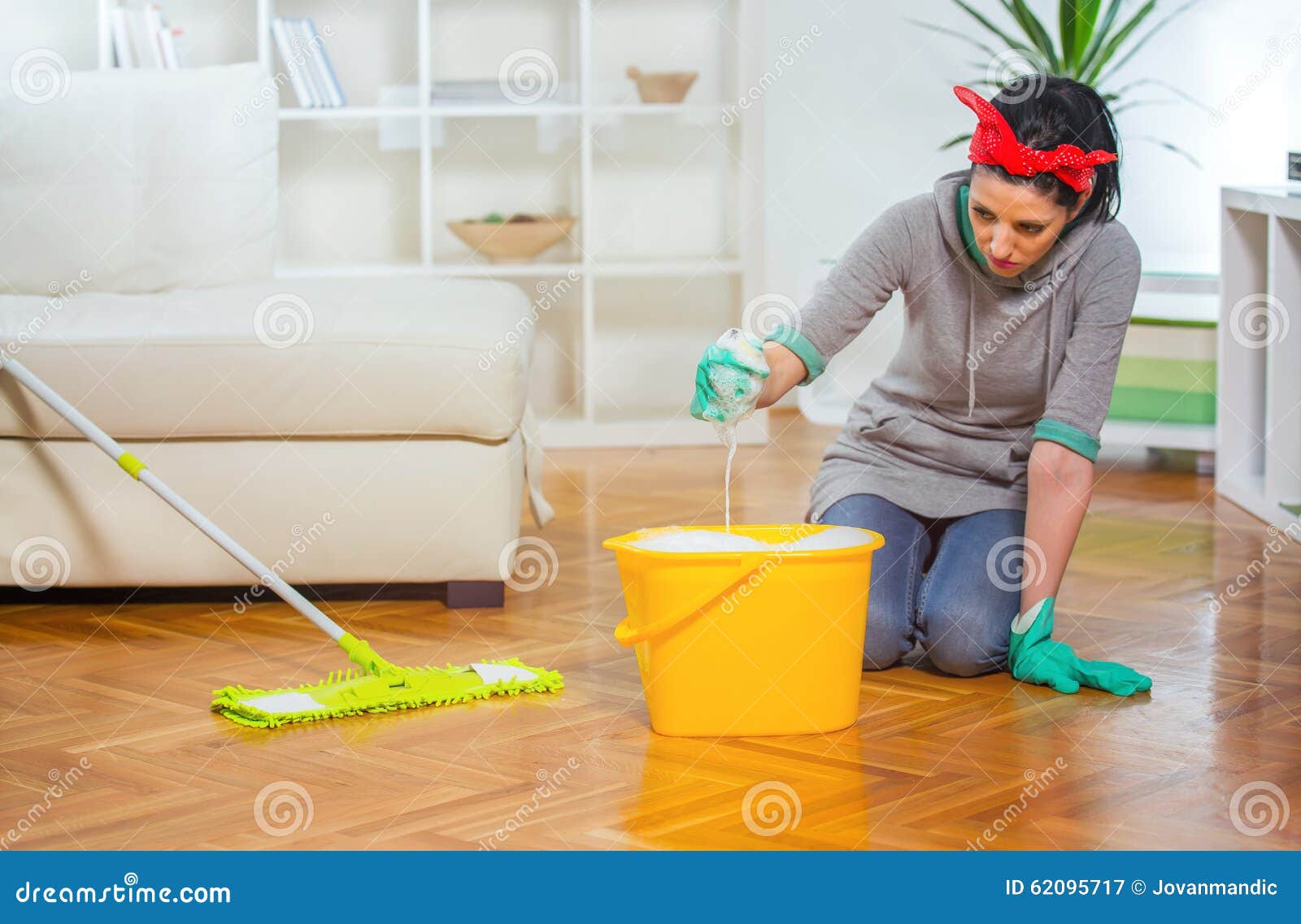 Woman Cleaning the Floor while Kneeling Stock Image - Image of broom ...