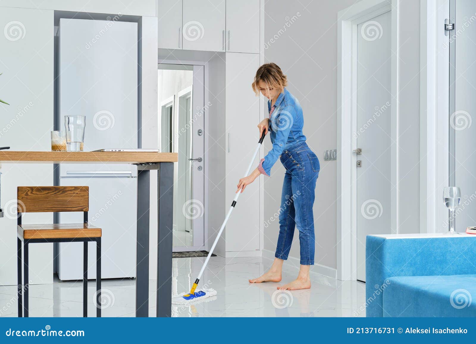 Woman Cleaning Her Flat with Mop Stock Image - Image of girl ...