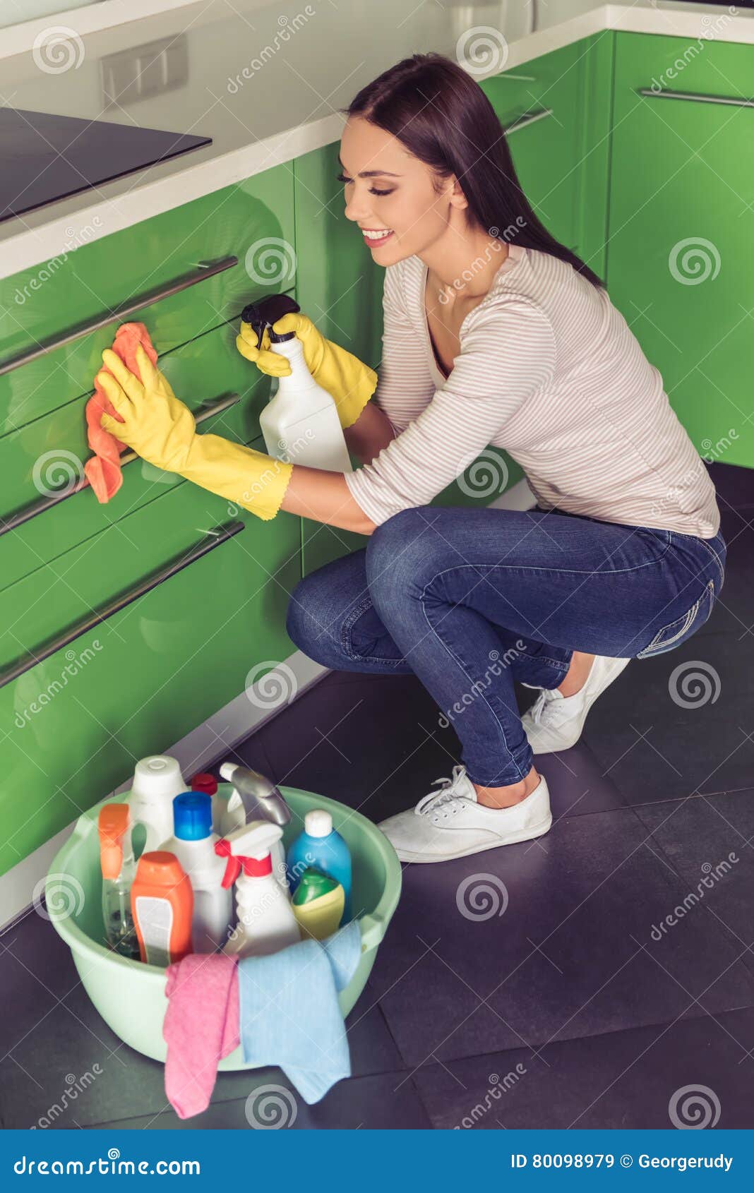 Woman cleaning her kitchen stock image. Image of girl - 80098979