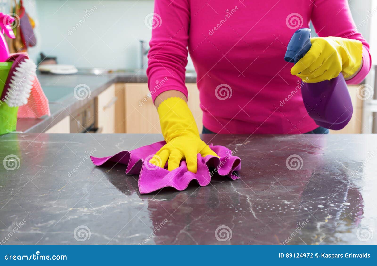 Woman Cleaning Kitchen Counter Stock Photo - Image of counter, gloves ...