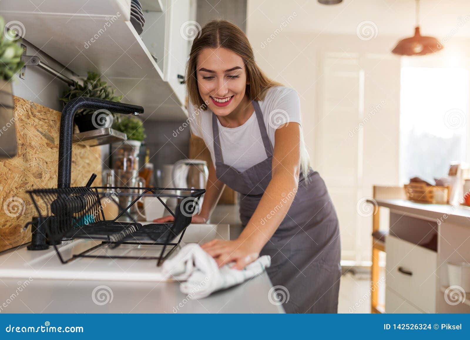 Woman Cleaning Kitchen Counter Stock Photo - Image of housewife ...