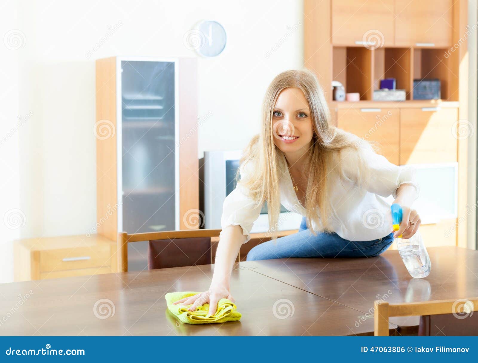 Woman Cleaning Table with Rag and Cleanser Stock Photo - Image of adult ...