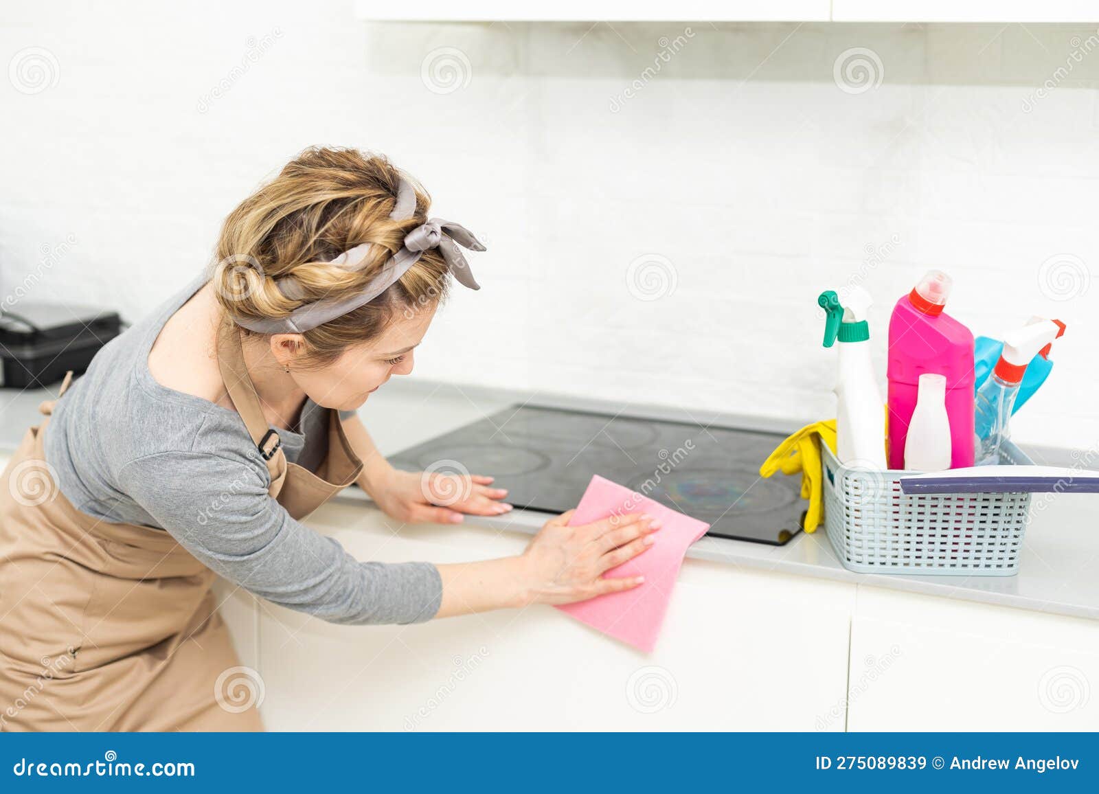 Woman Cleaning Table Using Rag and Diffuser at Home. Stock Image ...