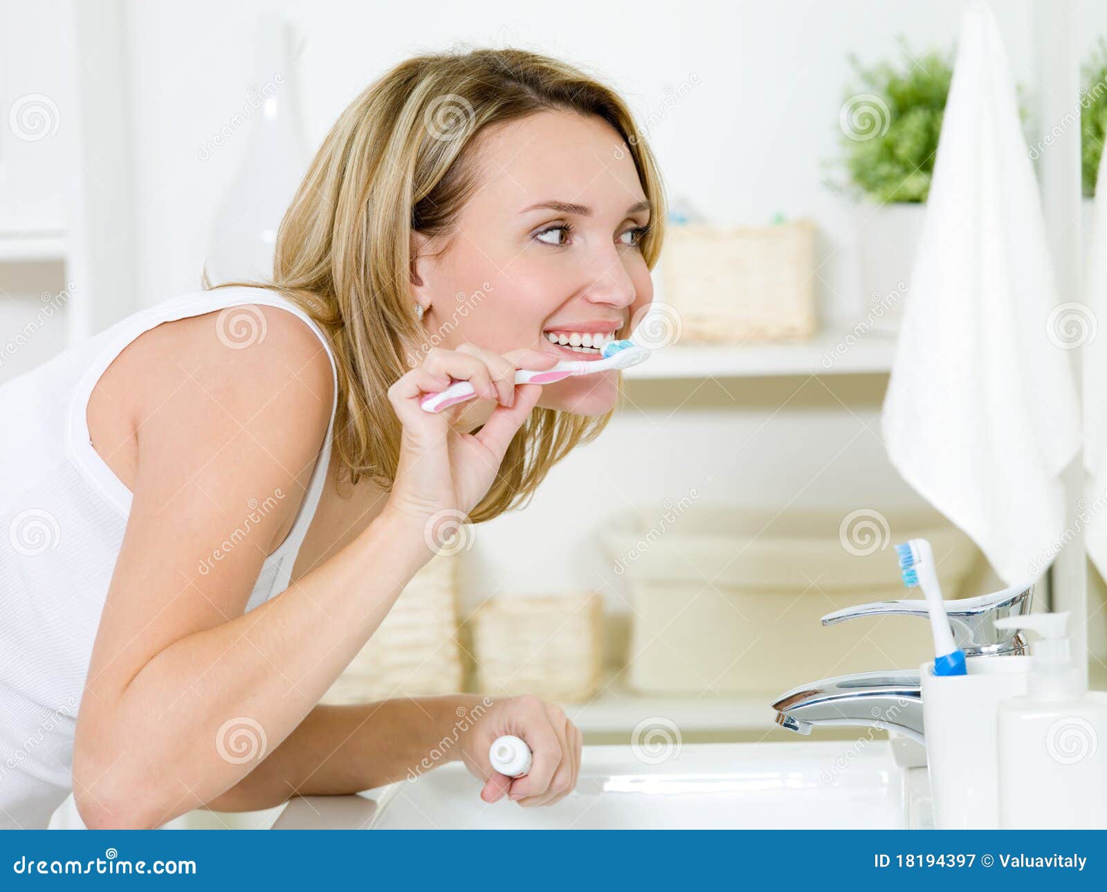 Woman Cleaning Teeth with Toothbrush Stock Image - Image of profile ...