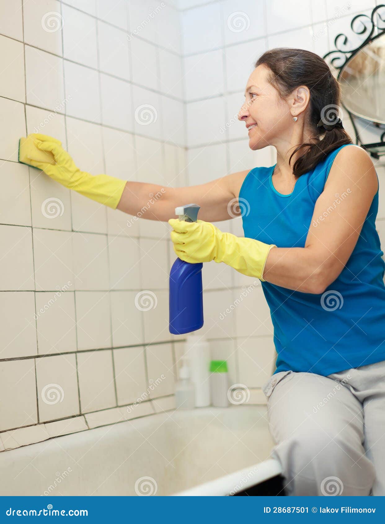Woman Cleans Tile with Sponge in Bathroom Stock Image - Image of bathroom, happy: 28687501