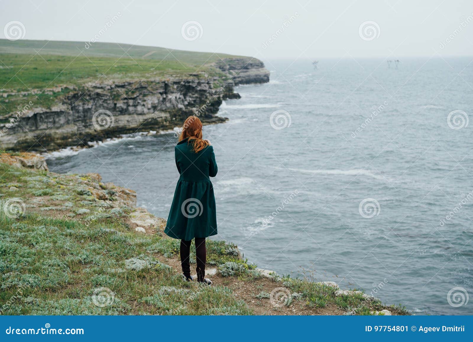 Woman on the Cliff of the Mountain by the Sea, Sadness, Wind Stock ...