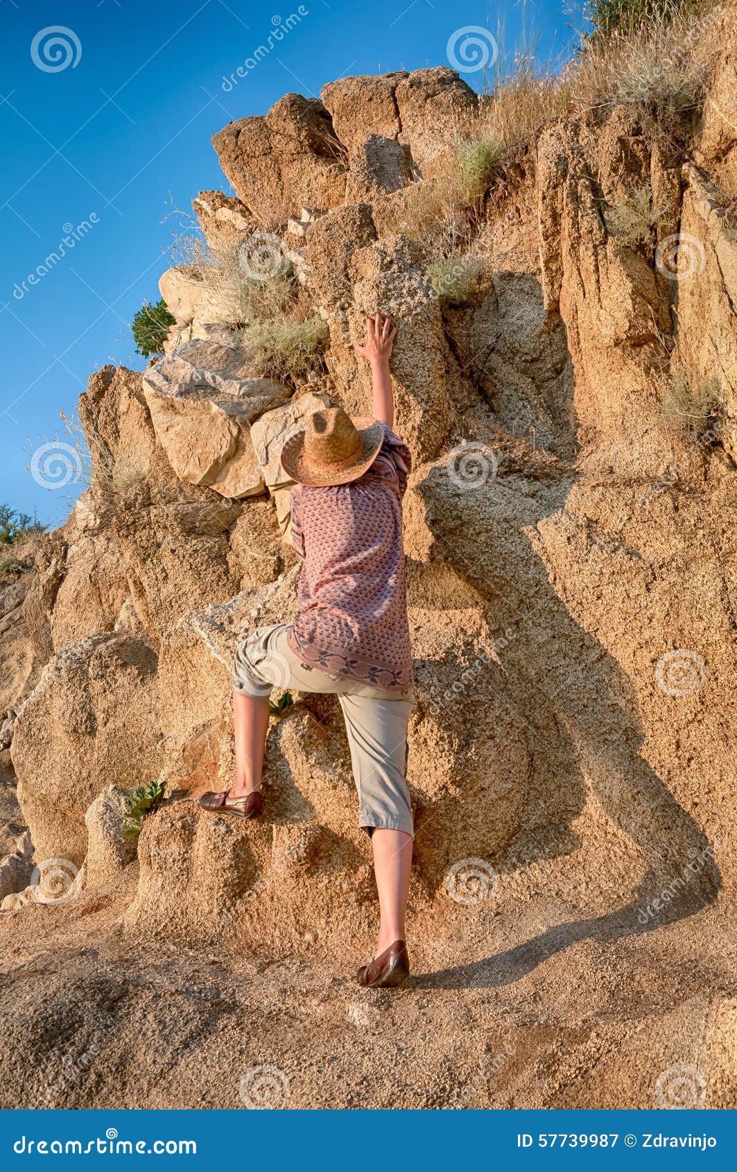 Woman Climbing To the Top of the Mountain Stock Image - Image of ...
