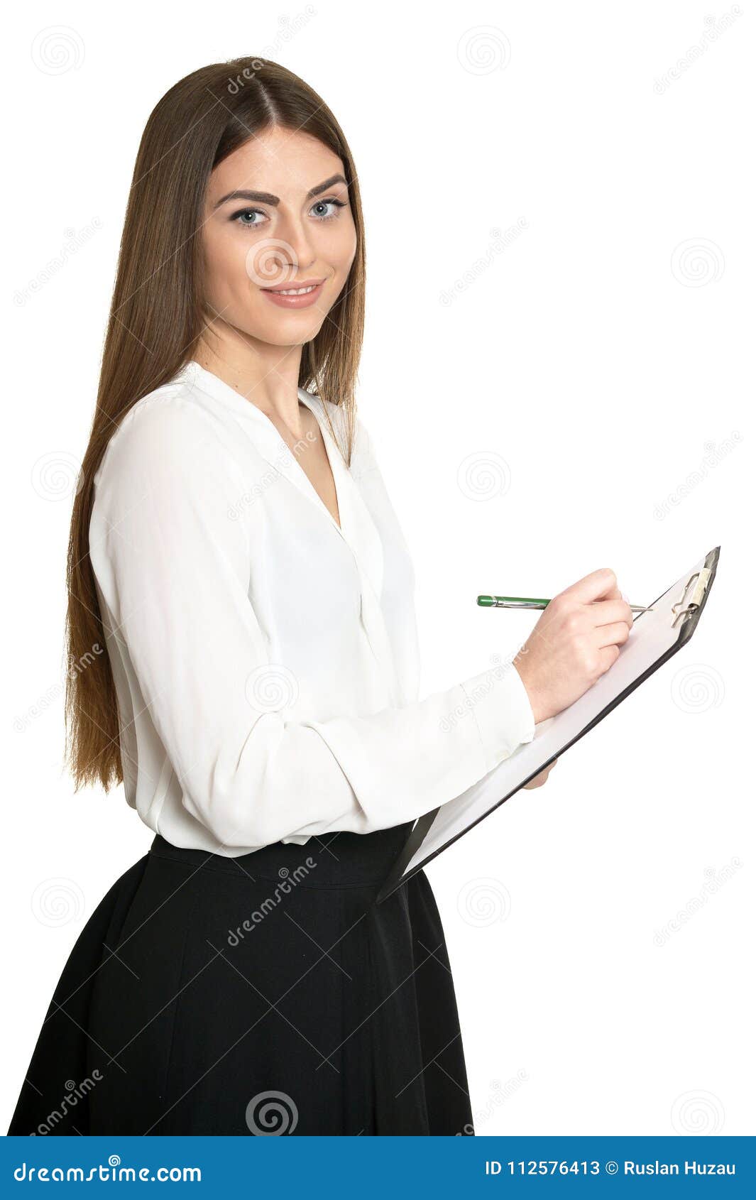 Woman with clipboard stock image. Image of cheerful - 112576413