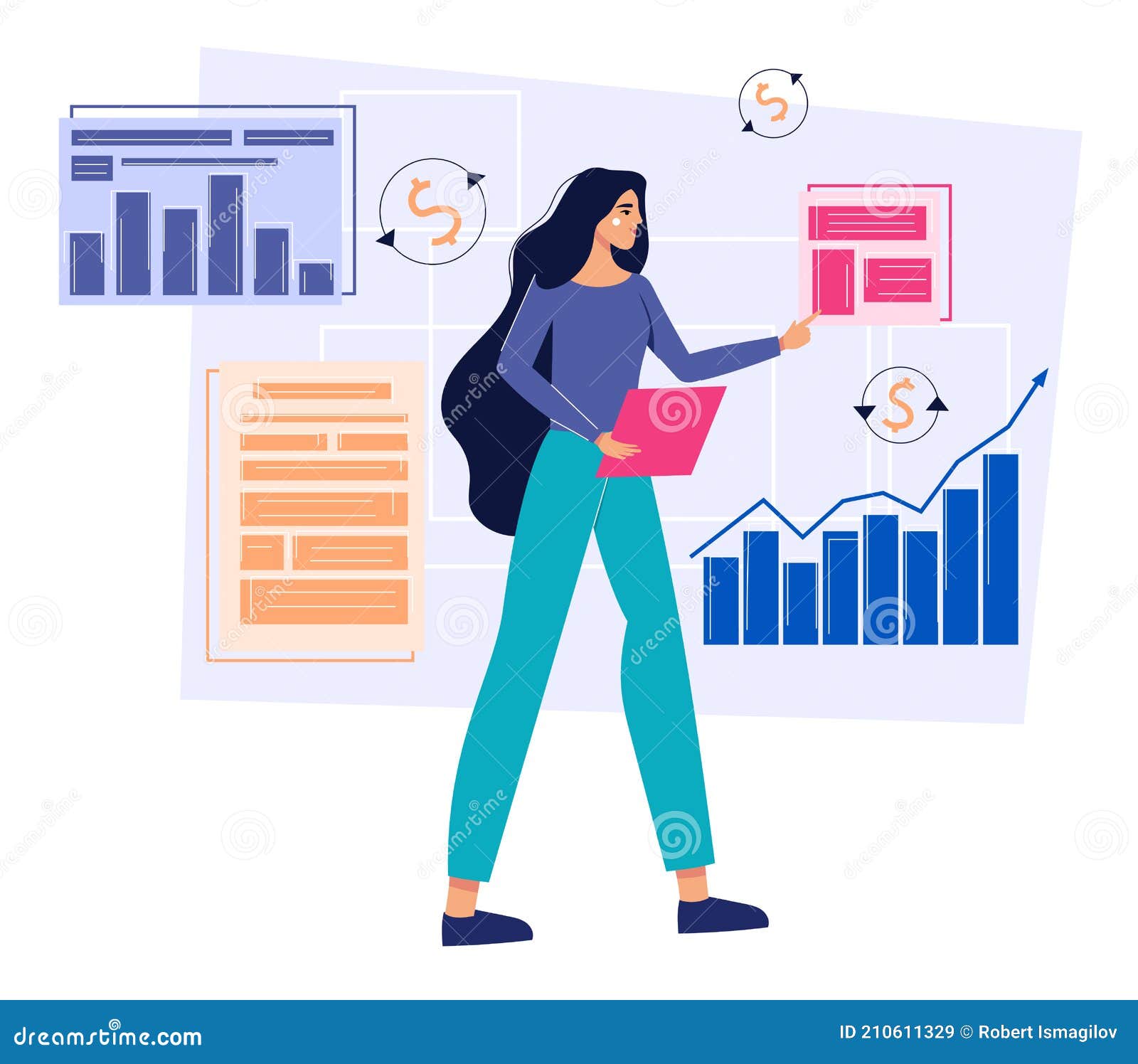 Woman with Clipboard, Project Realisation Plan. Flat Design ...