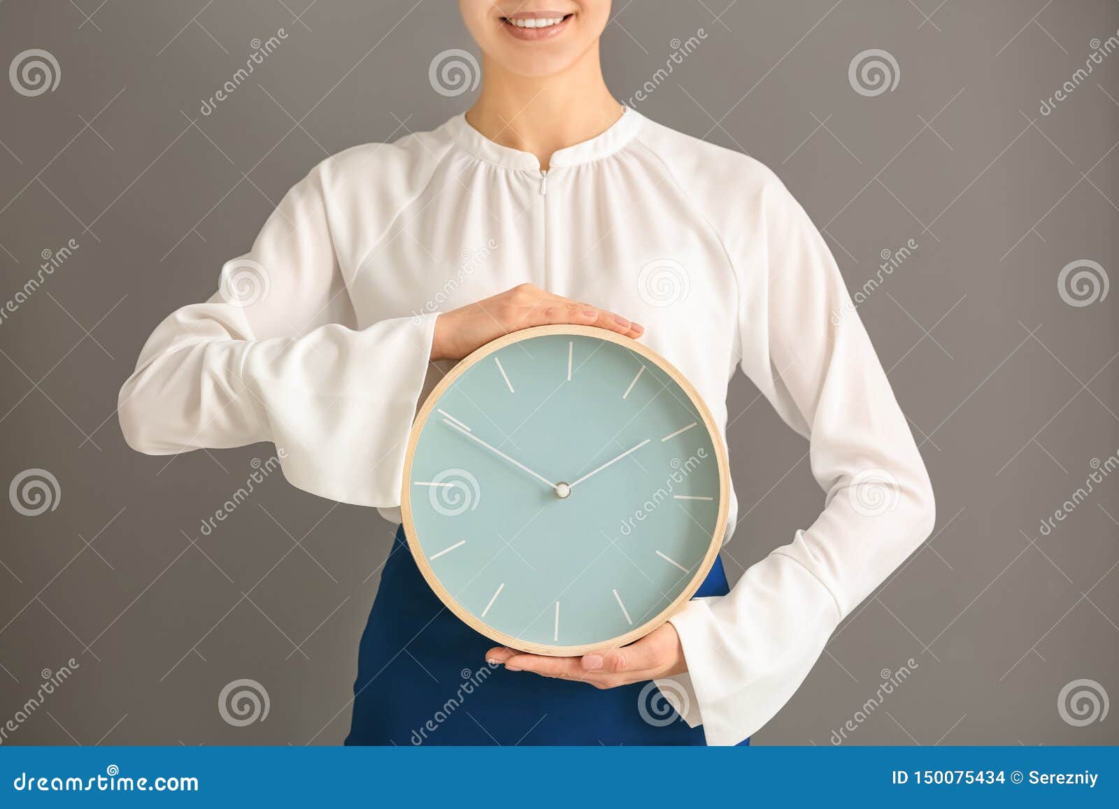 Woman with Clock on Grey Background. Time Management Concept Stock ...