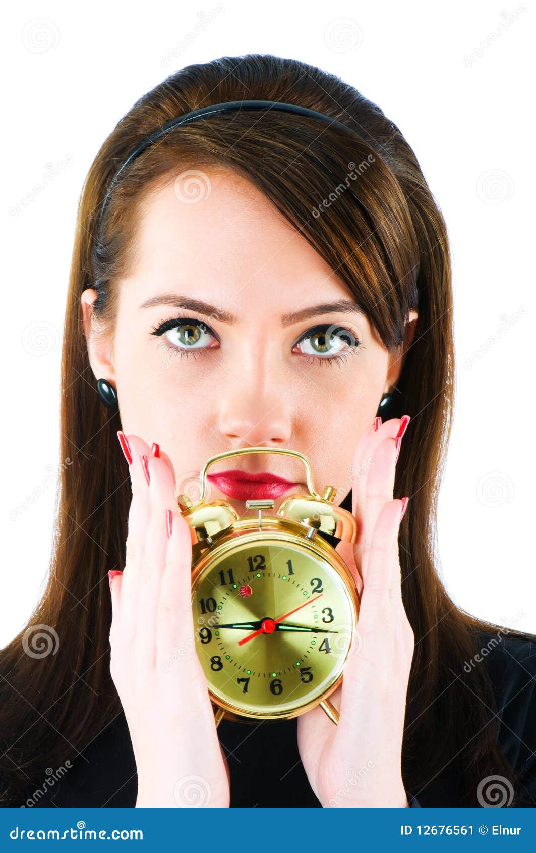 Woman with clock isolated stock image. Image of face - 12676561