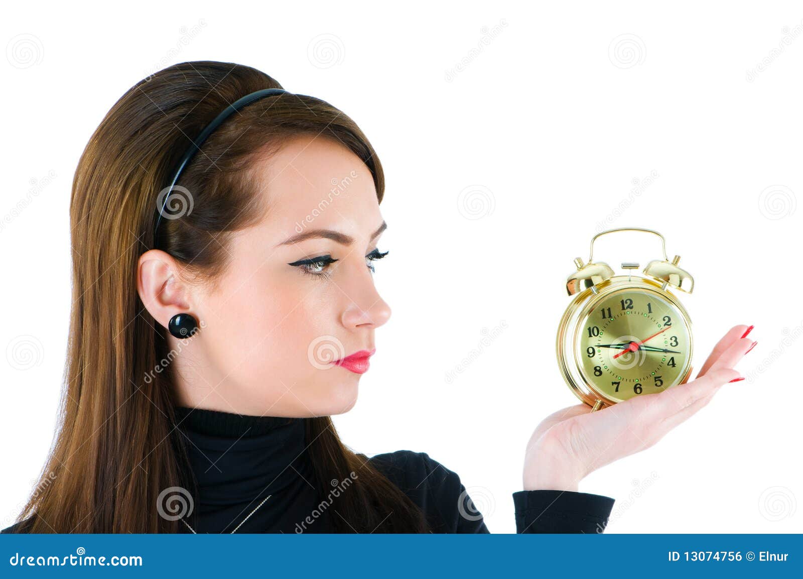 Woman with clock isolated stock photo. Image of hand - 13074756