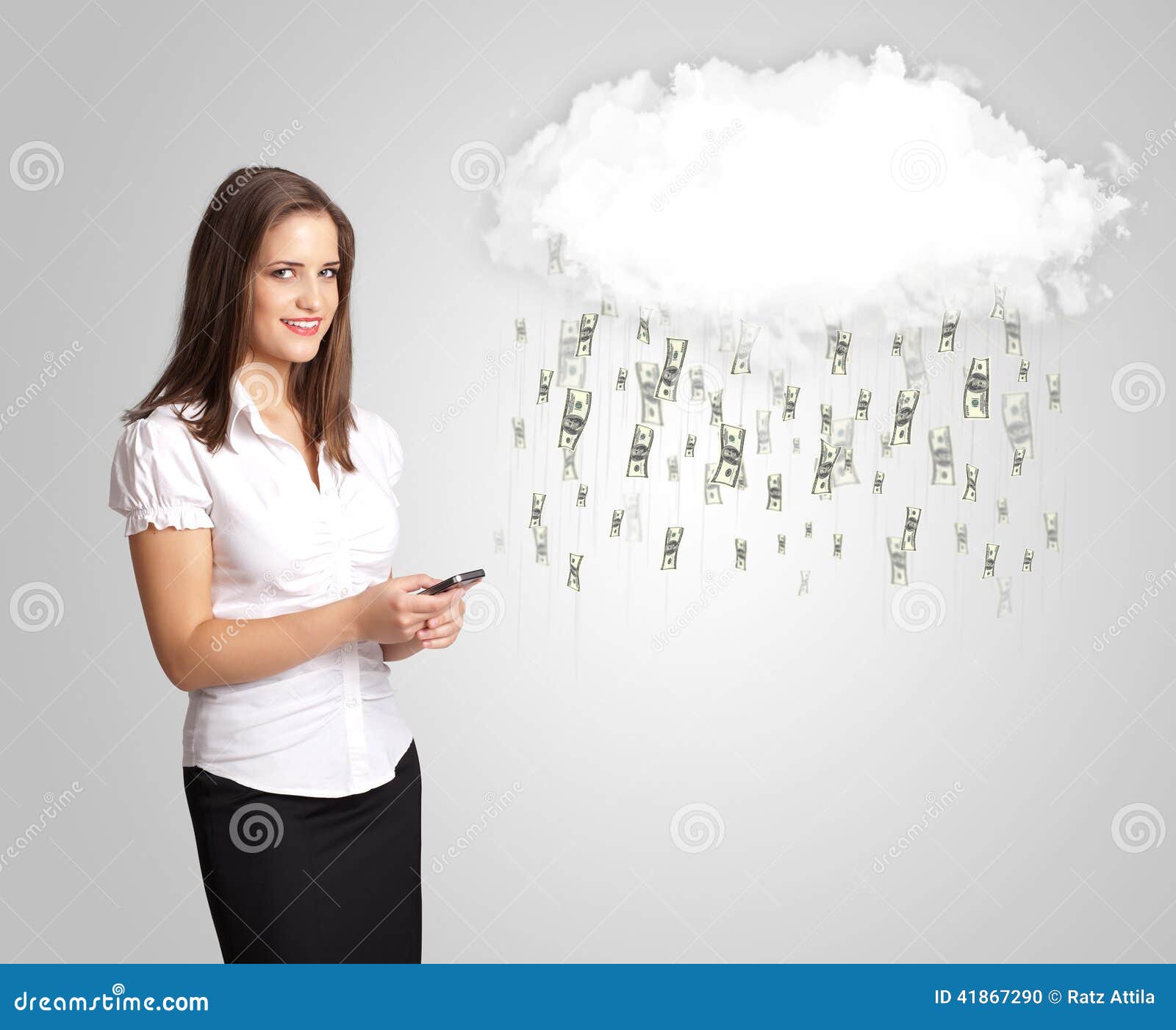 Woman with Cloud and Money Rain Concept Stock Illustration ...