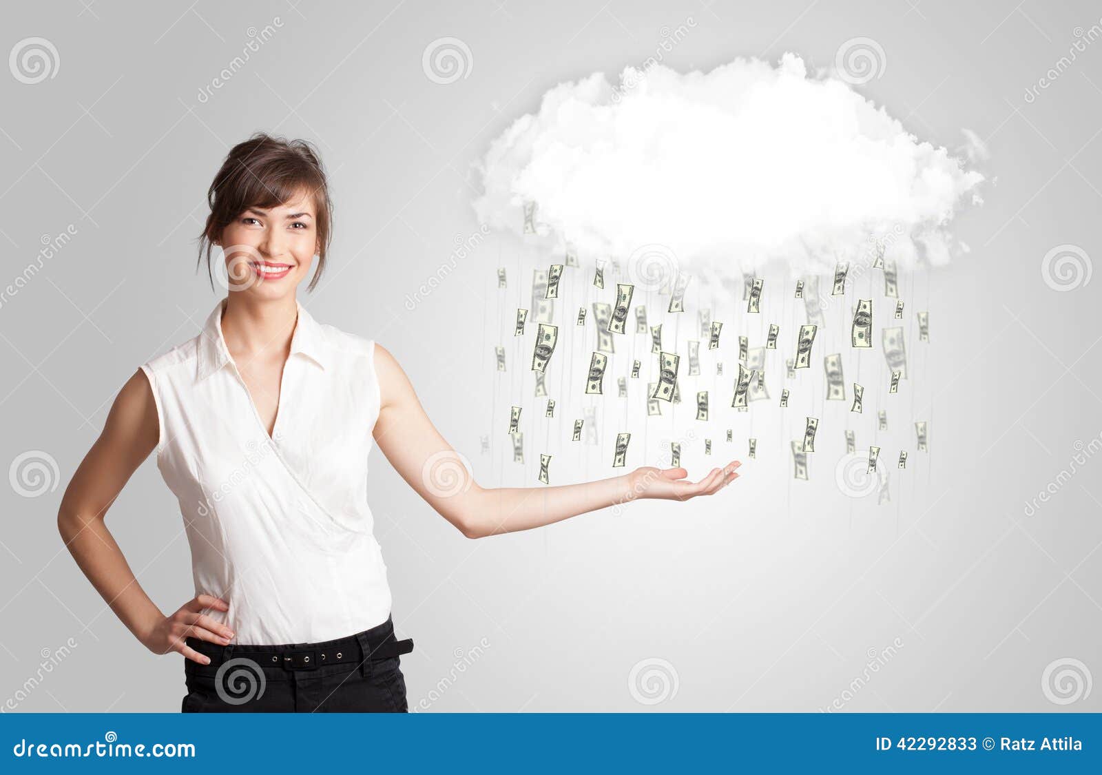 Woman with Cloud and Money Rain Concept Stock Image - Image of bills ...