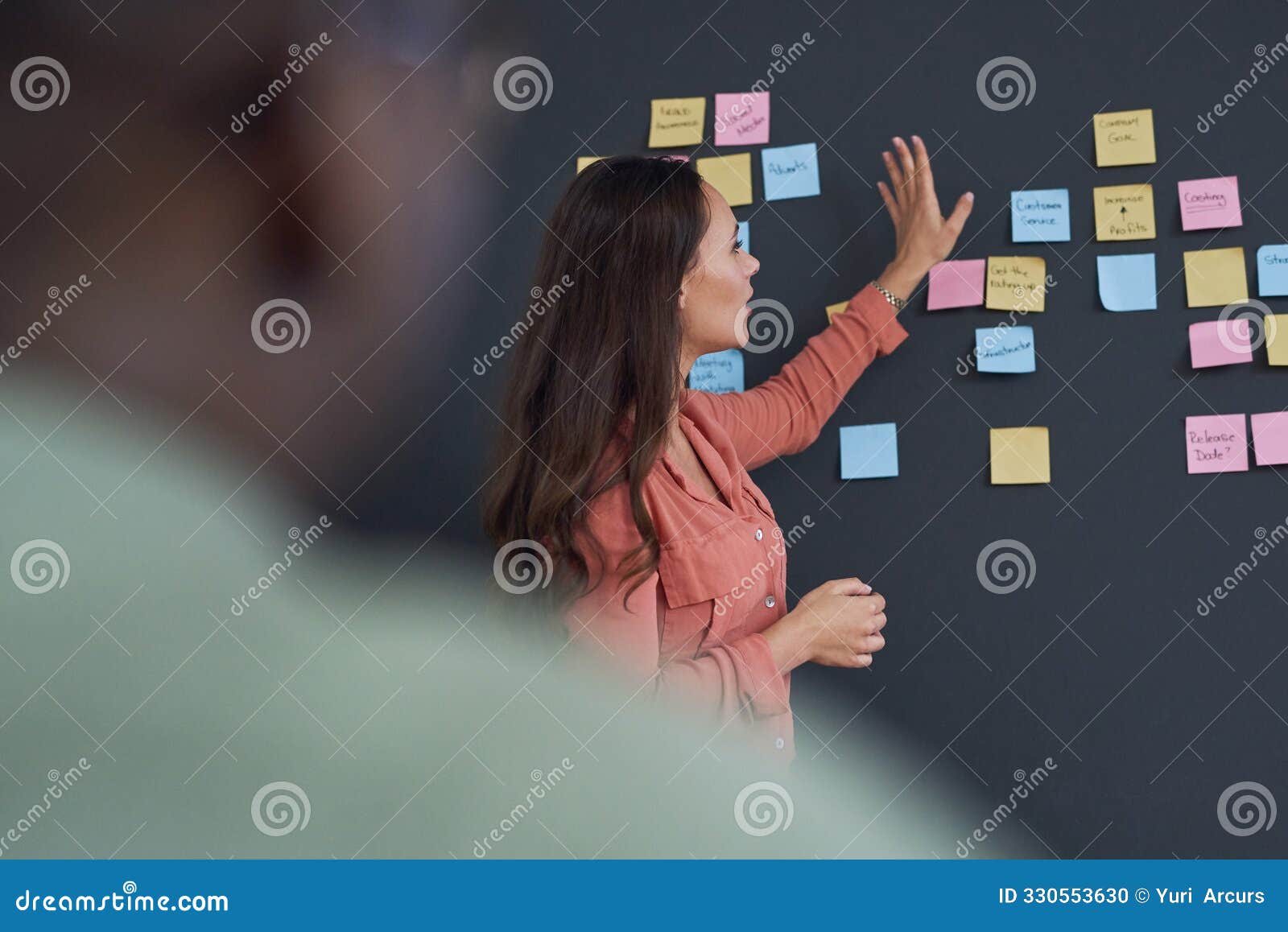 Woman, Coach and Blackboard with Sticky Notes in Office for Training ...