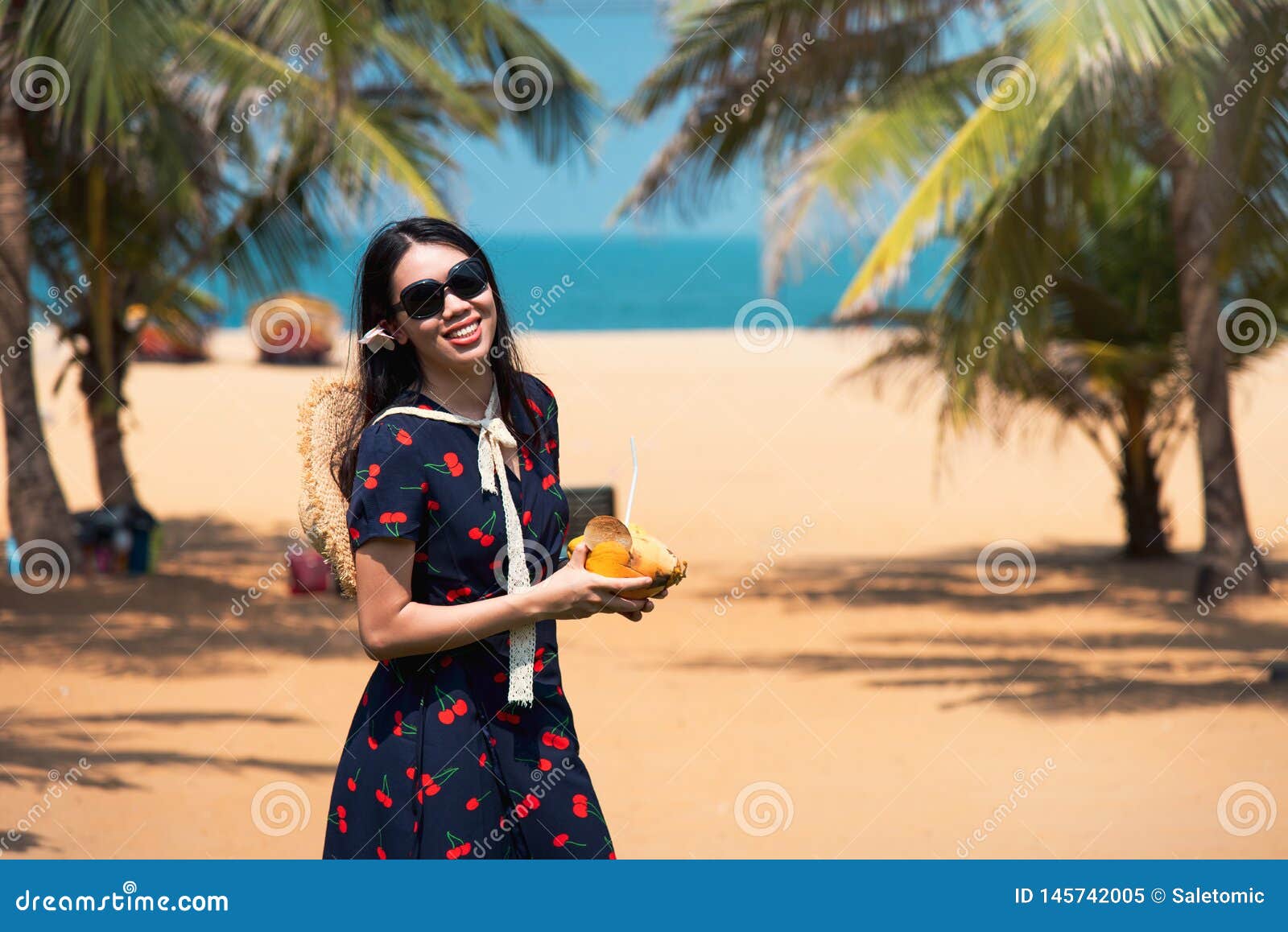 Woman with Coconut on a Tropical Beach Stock Image - Image of chinese ...