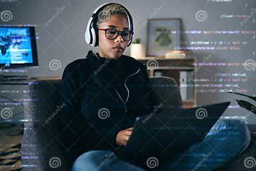 Woman, Code Overlay and Laptop Typing with Cybersecurity, Hacker and ...